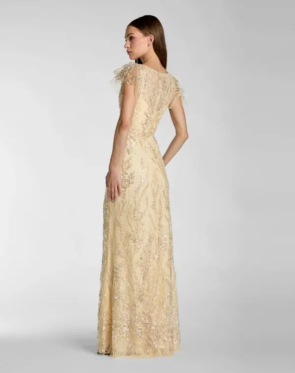 Mac Duggal Petite V-neck Floral Embroidered Gown - Gold