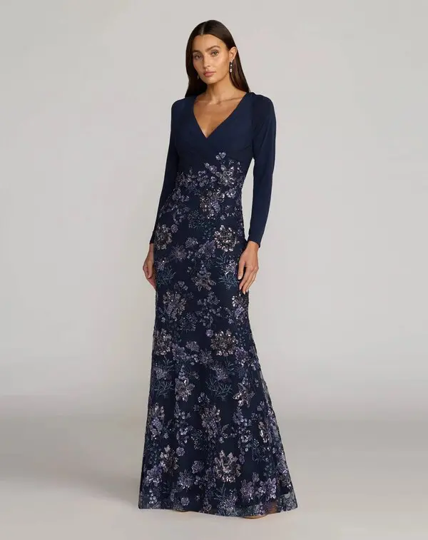 Mac Duggal Navy Floral Embroidered Jersey Long Sleeve Gown - Midnight Multi