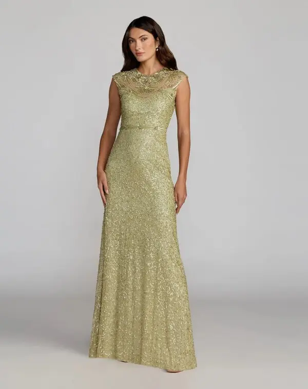Mac Duggal Green Embellished High Neck Cap Sleeve Gown - Fern