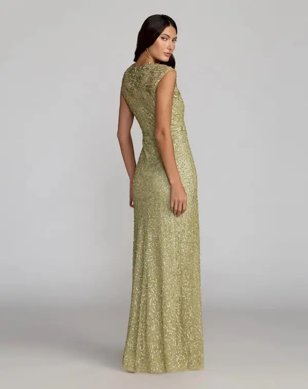 Mac Duggal Green Embellished High Neck Cap Sleeve Gown