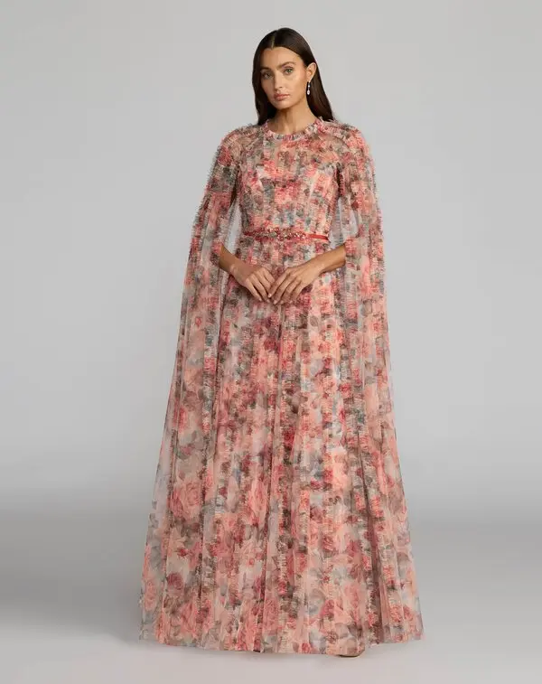Mac Duggal Multicolor Floral High Neck Cape Sleeve Ruffle Gown - Cream Multi