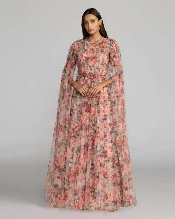 Mac Duggal Floral Sequin Embellished Cape Sleeve Gown - Cream Multi