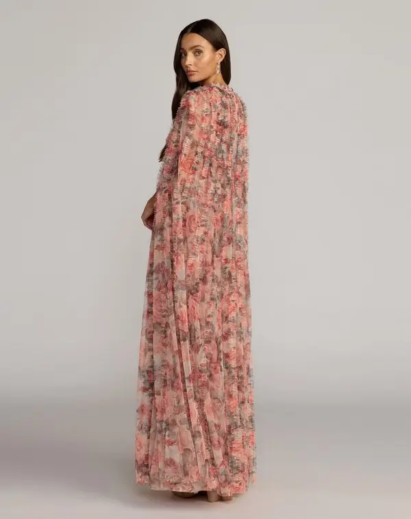 Mac Duggal Floral Sequin Embellished Cape Sleeve Gown