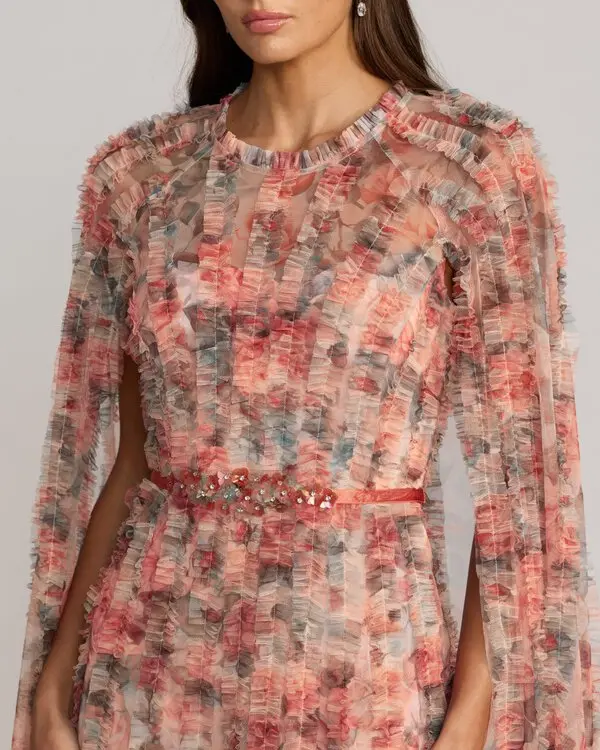 Mac Duggal Floral Sequin Embellished Cape Sleeve Gown
