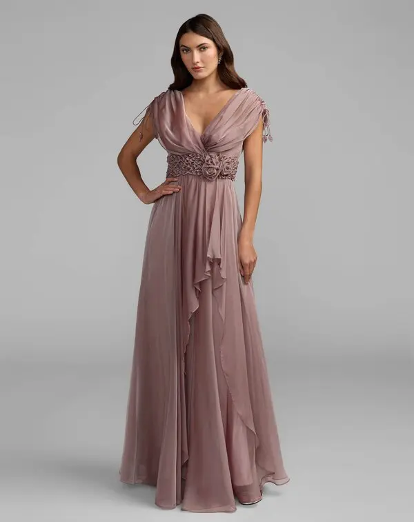 Mac Duggal Purple Crystal Floral Waist Chiffon Gown - Mocha