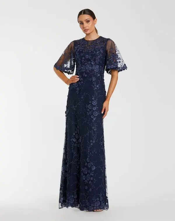 Mac Duggal Petite Flutter Sleeve Floral Embroidered Net Gown