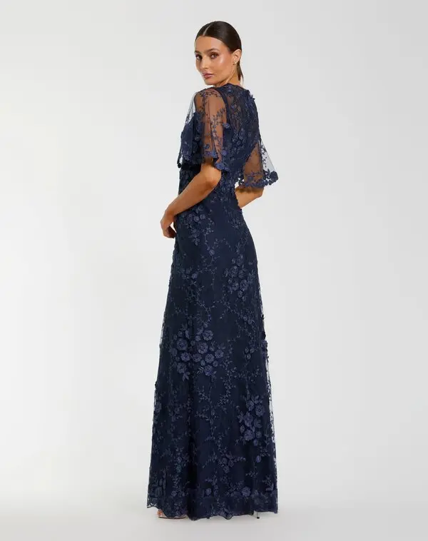 Mac Duggal Petite Flutter Sleeve Floral Embroidered Net Gown
