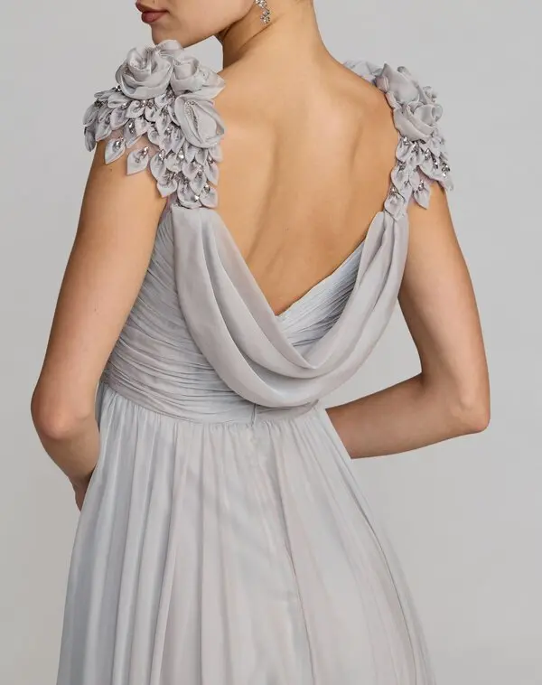 Mac Duggal Gray Chiffon Cowl Neck Embellished Cap Sleeve Gown