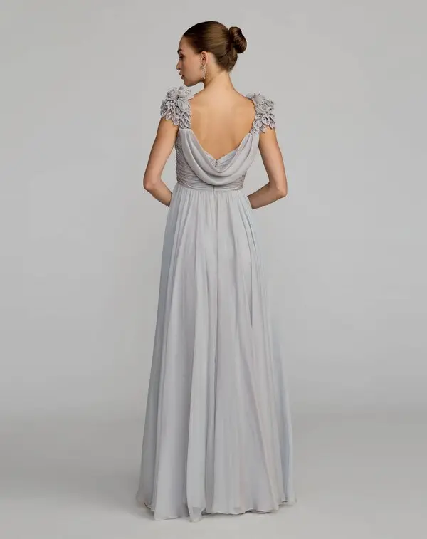 Mac Duggal Gray Chiffon Cowl Neck Embellished Cap Sleeve Gown