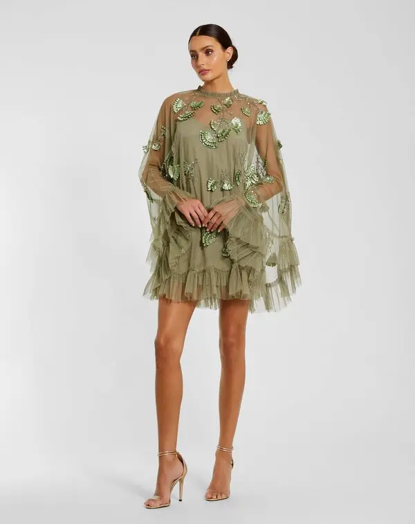 Mac Duggal Embellished Long Sleeve Trapeze Dress With Ruffle Hem - Green
