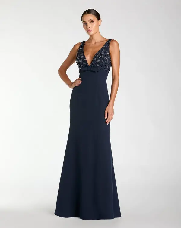 Mac Duggal Petite Sleeveless Embellished Crepe Gown With Bow - Navy