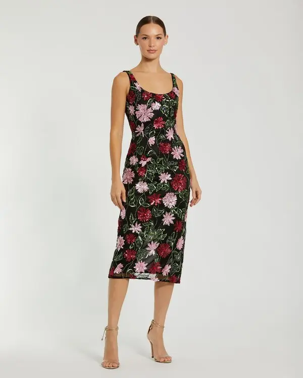 Mac Duggal Floral Beaded Scoop Neck Midi Dress - Black