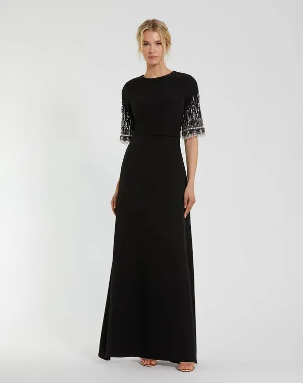 Mac Duggal Petite Crepe A-line Gown With Beaded Sleeves - Black