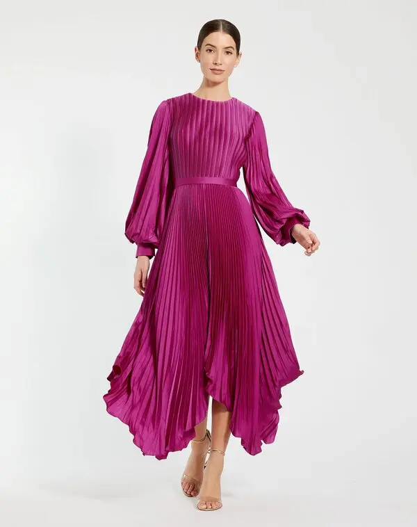 Mac Duggal Petite Long Sleeve Pleated Charmeuse Handkerchief Dress - Purple
