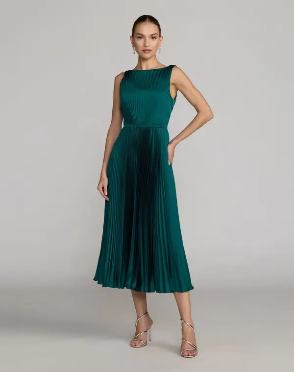 Mac Duggal Petite Teal Sleeveless High Neck Pleated Midi Dress - Green