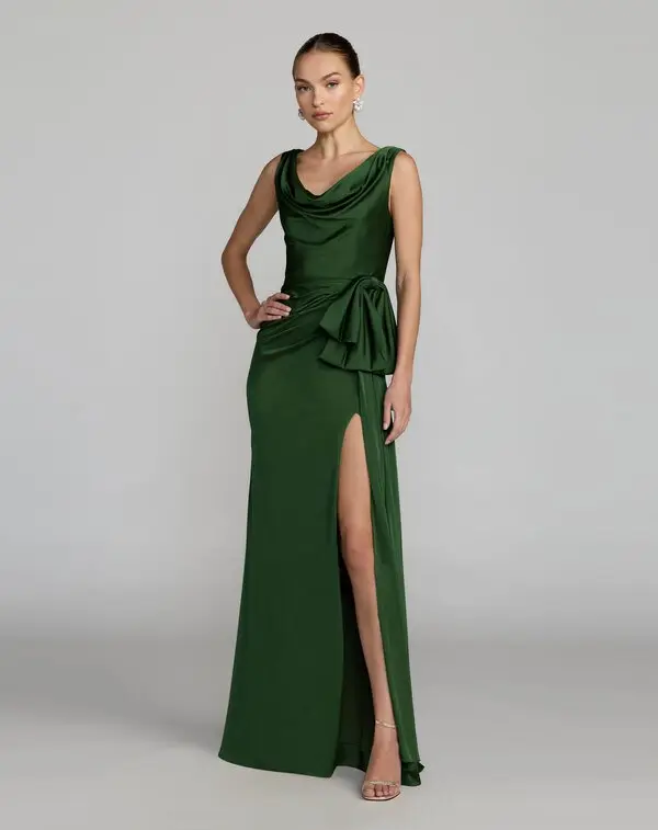 Mac Duggal Green Draped Cowl Neck Gown With Side Slit