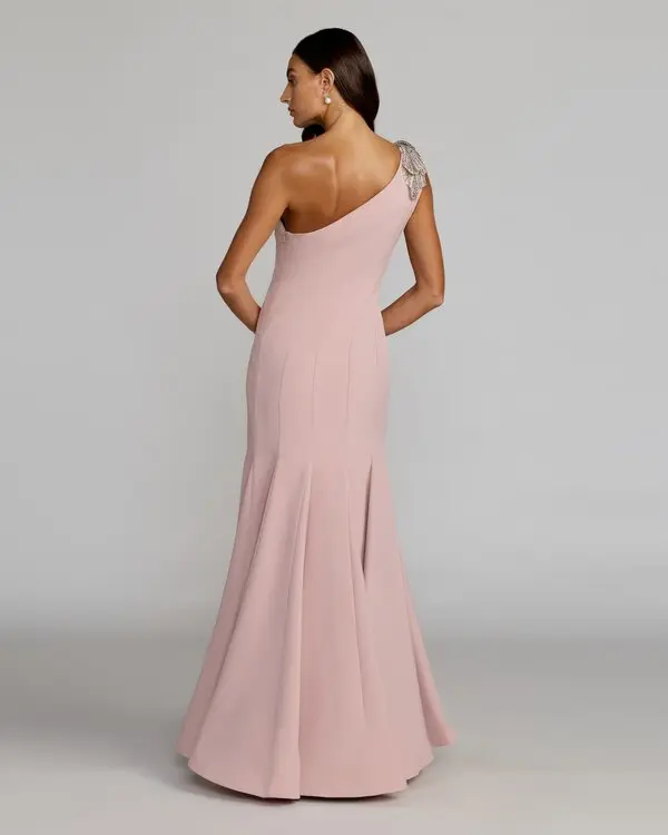 Mac Duggal Petite Crepe One Shoulder Gown With Crystal Flower