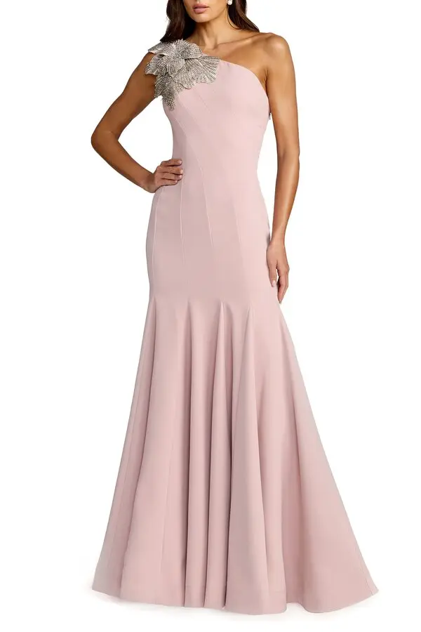 Mac Duggal Crepe Gown With Embellished Flower Detail - Pink