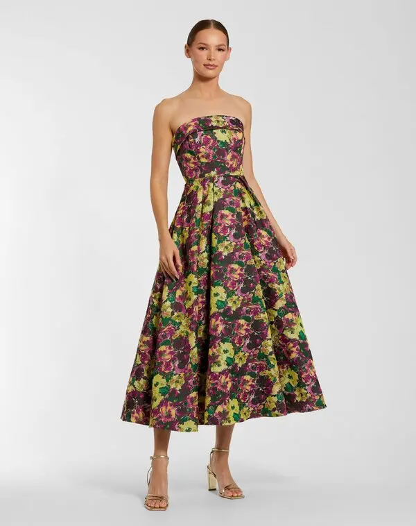Mac Duggal Multicolor Strapless Brocade A-line Midi Dress
