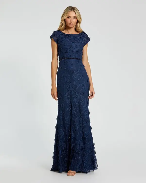 Mac Duggal Petite Floral Applique Boat Neck Cap Sleeve Gown - Navy