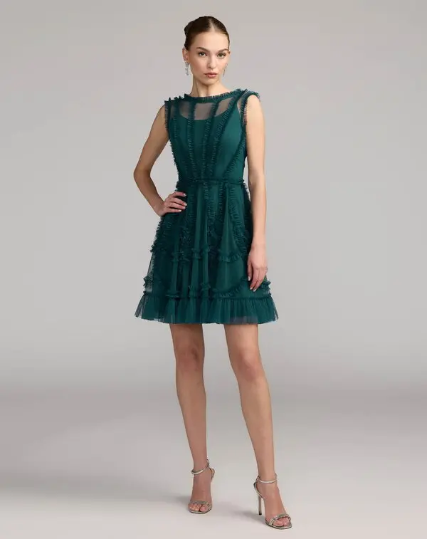 Mac Duggal Teal High Neck Sleeveless Micro Ruffle Mini Dress