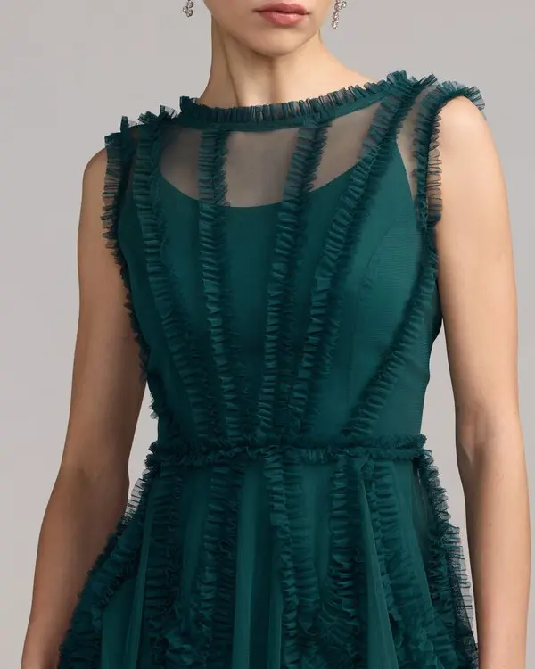 Mac Duggal Teal High Neck Sleeveless Micro Ruffle Mini Dress
