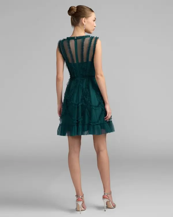 Mac Duggal Teal High Neck Sleeveless Micro Ruffle Mini Dress