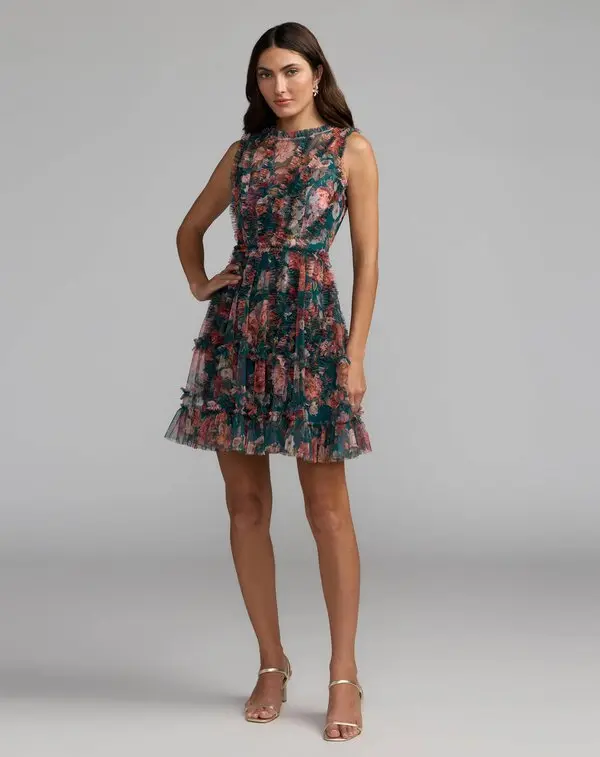 Mac Duggal Teal Micro Ruffle Floral A-line Mini Dress