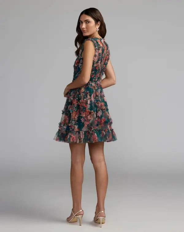 Mac Duggal Teal Micro Ruffle Floral A-line Mini Dress