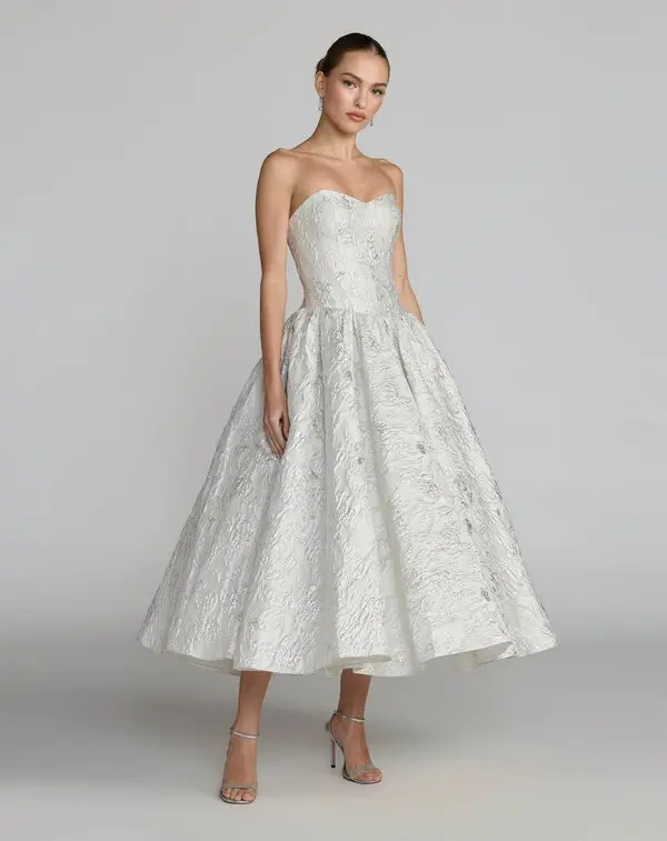 Mac Duggal Strapless Brocade Tea Length Dress