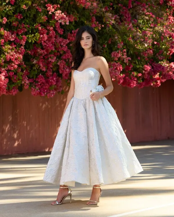 Mac Duggal Strapless Brocade Tea Length Dress