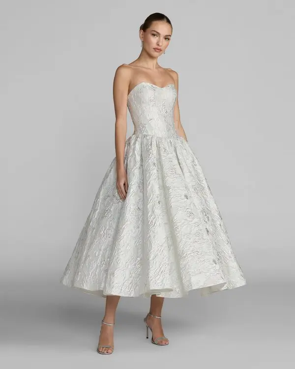 Mac Duggal Strapless Metallic Brocade Tea Length Dress