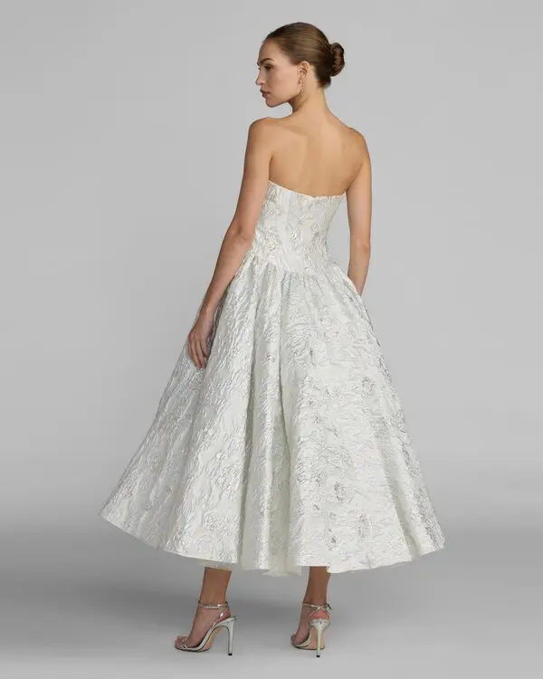 Mac Duggal Strapless Metallic Brocade Tea Length Dress