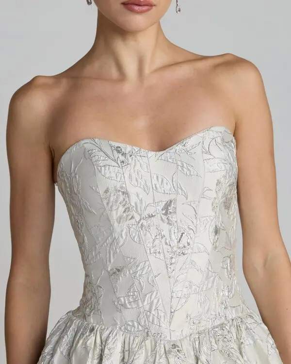 Mac Duggal Strapless Metallic Brocade Tea Length Dress