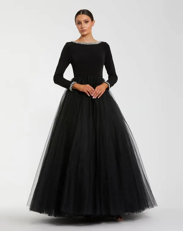 Mac Duggal Petite Long Sleeve Tulle Ball Gown - Black