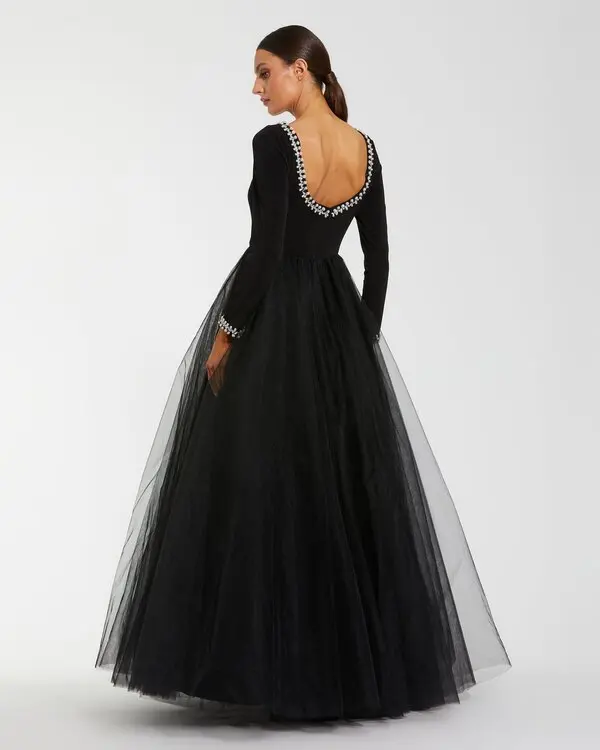 Mac Duggal Petite Long Sleeve Tulle Ball Gown