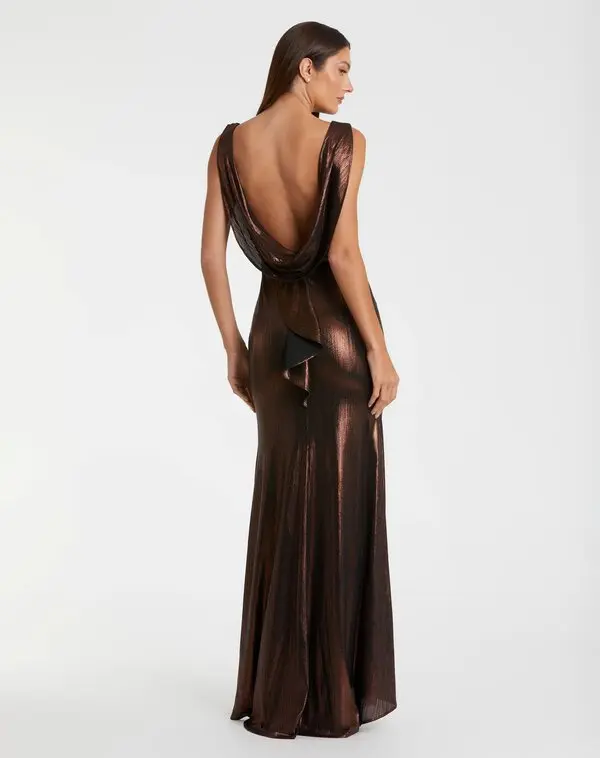 Mac Duggal Petite Metallic Jersey Gown With Cowl Back - Brown