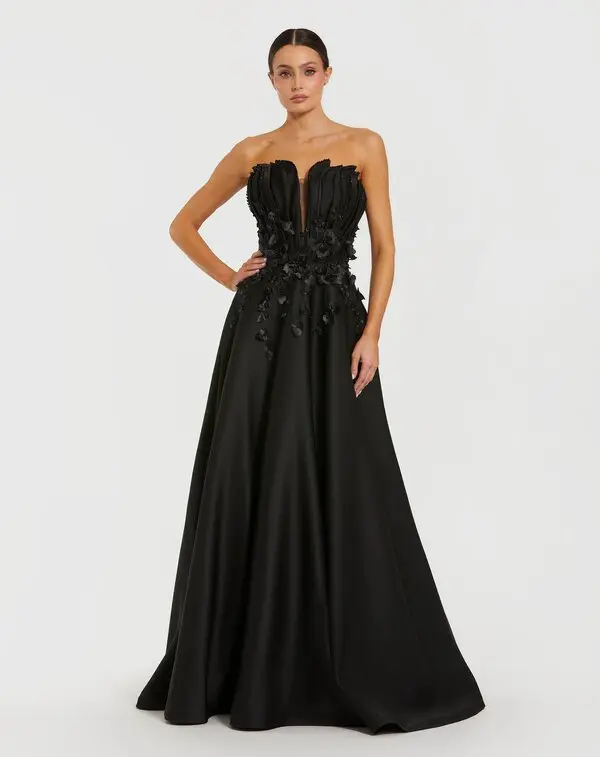 Mac Duggal Petite Strapless Satin Floral Embellished Ball Gown