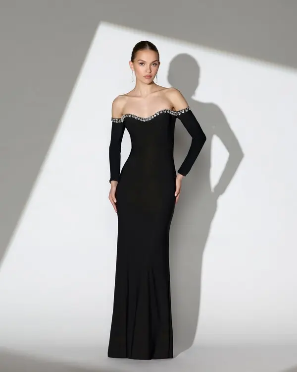 Mac Duggal Long Sleeve Off-the-shoulder Mermaid Gown With Crystal Embellishments