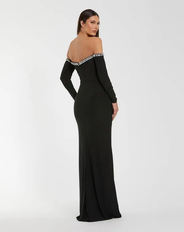 Mac Duggal Long Sleeve Off-the-shoulder Mermaid Gown With Crystal Embellishments