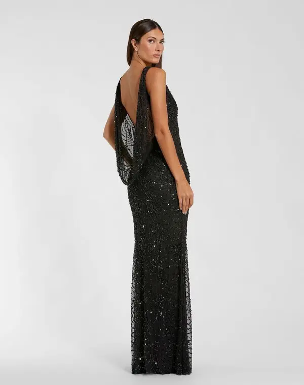 Mac Duggal Beaded Open Back Column Gown - Black