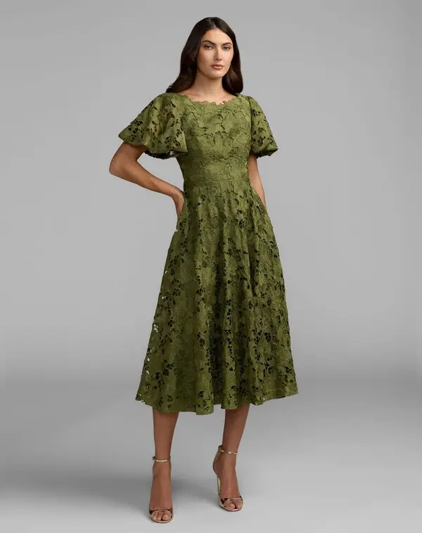 Mac Duggal Green Floral Lace Flutter Sleeve Midi Dress