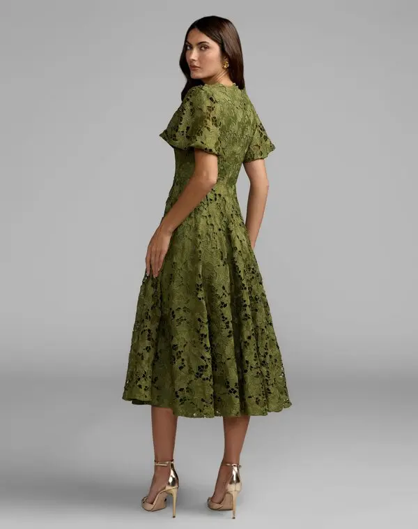Mac Duggal Green Floral Lace Flutter Sleeve Midi Dress