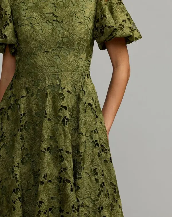 Mac Duggal Green Floral Lace Flutter Sleeve Midi Dress