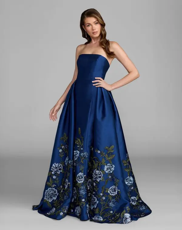 Mac Duggal Blue Floral Embroidered Mikado Strapless Ball Gown - Midnight Multi