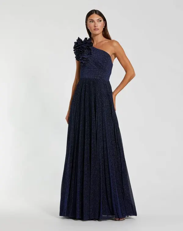 Mac Duggal Pleated One Shoulder Ruffle Gown