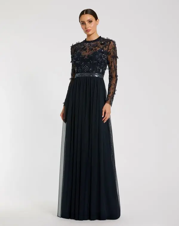 Mac Duggal Embellished Illusion High Neck Long Sleeve Gown - Navy