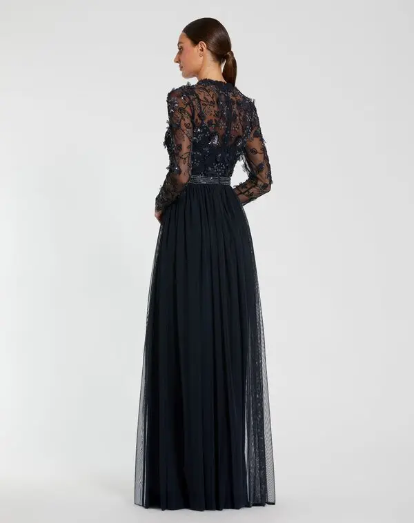 Mac Duggal Embellished Illusion High Neck Long Sleeve Gown