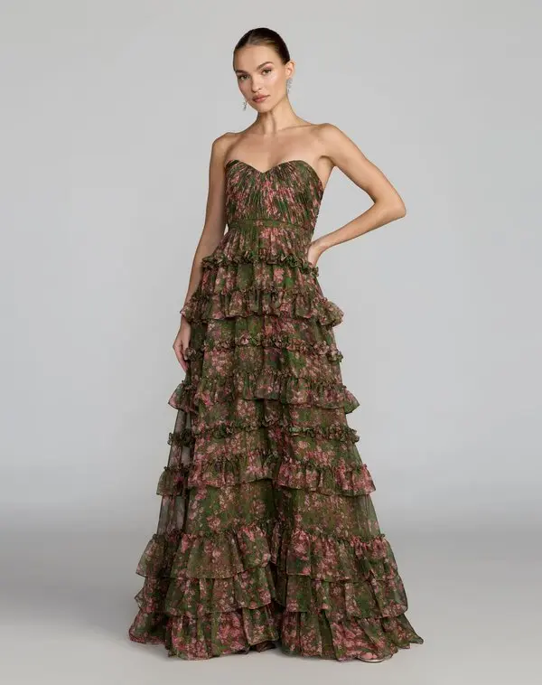 Mac Duggal Green Floral Strapless Tiered Ruffle Ball Gown - Green Multi