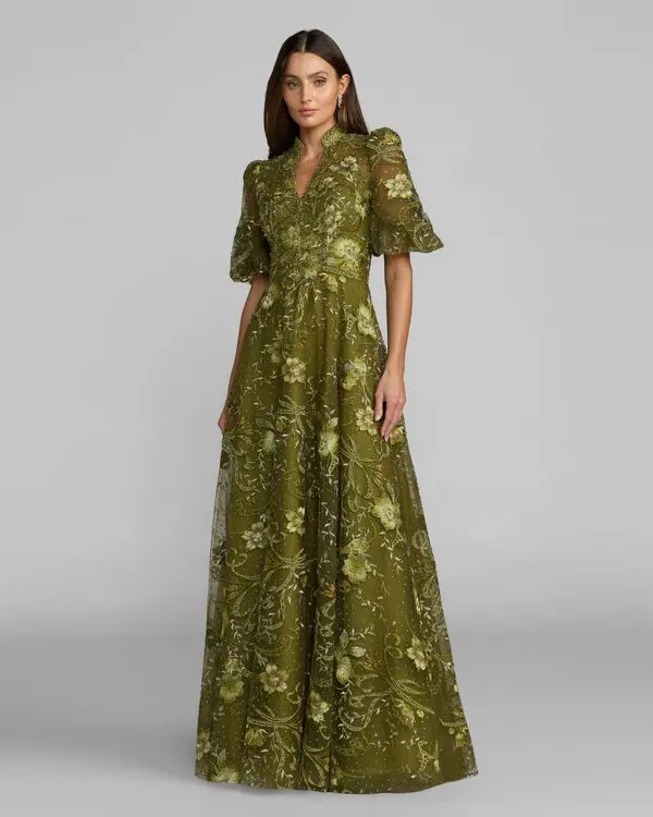 Mac Duggal Queen Anne Puff Sleeve Embroidered A-line Gown - Green